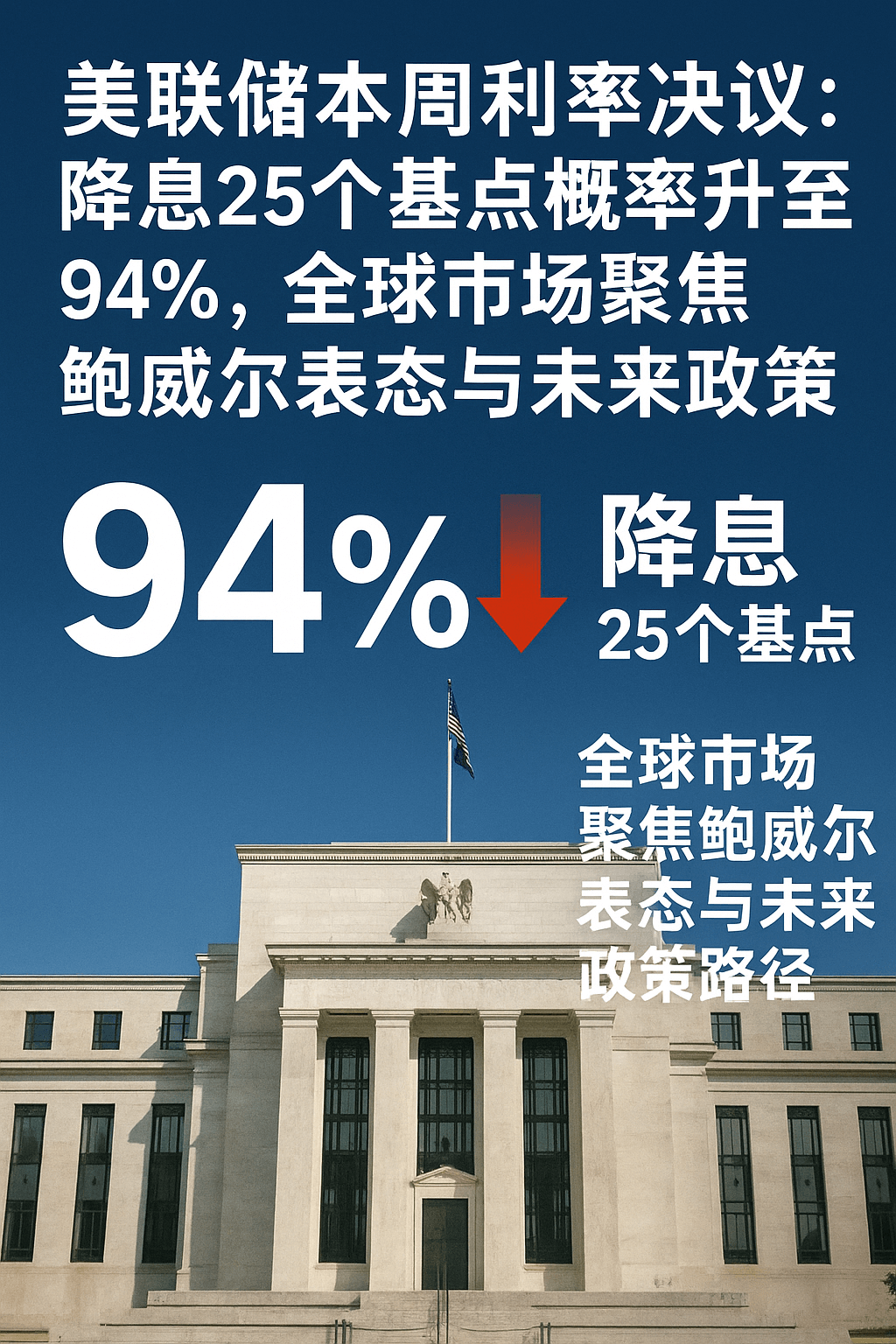 美联储本周利率决议：降息25个基点概率升至94%，全球市场聚焦鲍威尔表态与未来政策路径 - CPBox加密资讯